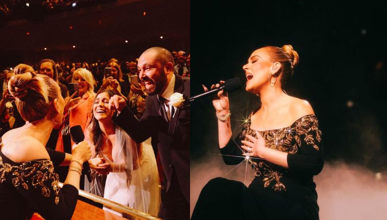 ¡Adele firma el traje de unos recién casados en pleno concierto!